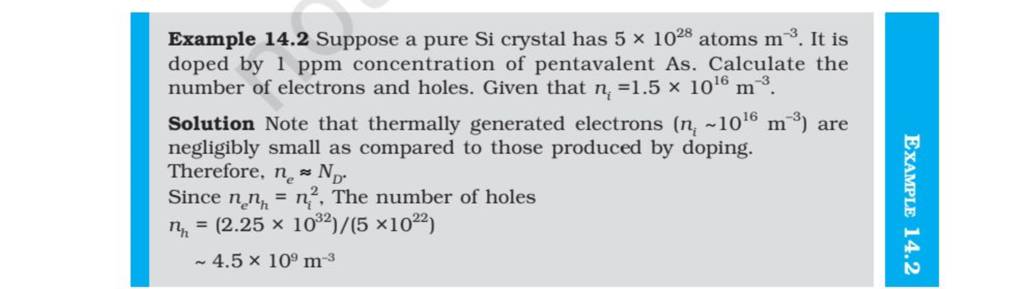 Example 14.2 Suppose a pure Si crystal has 5×1028 atoms m−3. It is doped