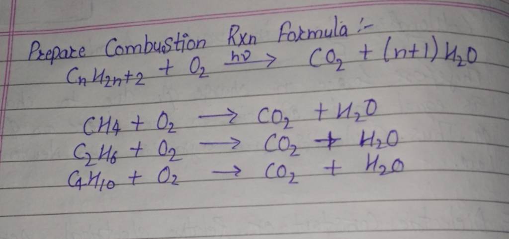 Prepare Combustion R×n Formula:- Combustion R×n Formula Cn H2n +2+O2 hν→..