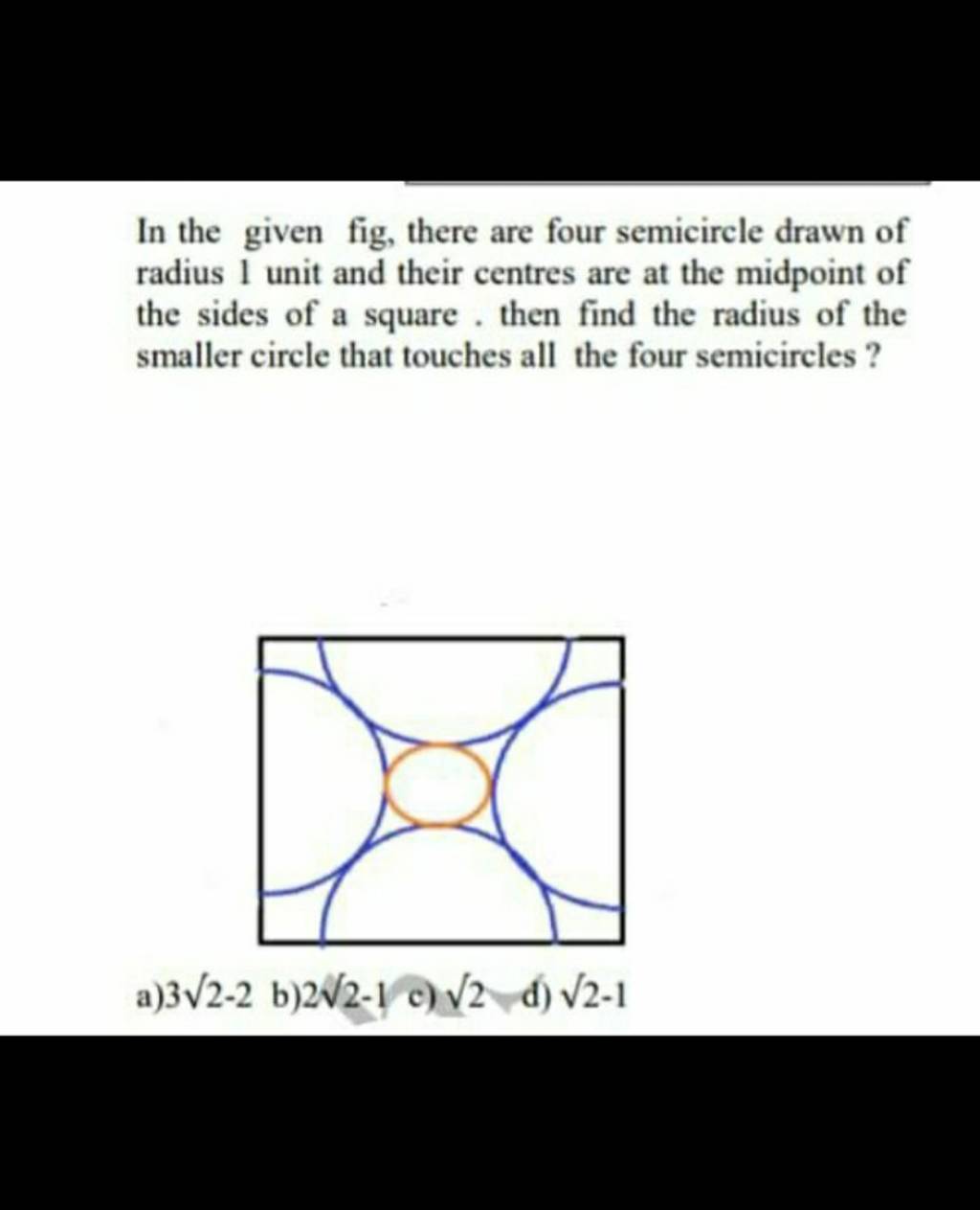In the given fig, there are four semicircle drawn of radius 1 unit and th..