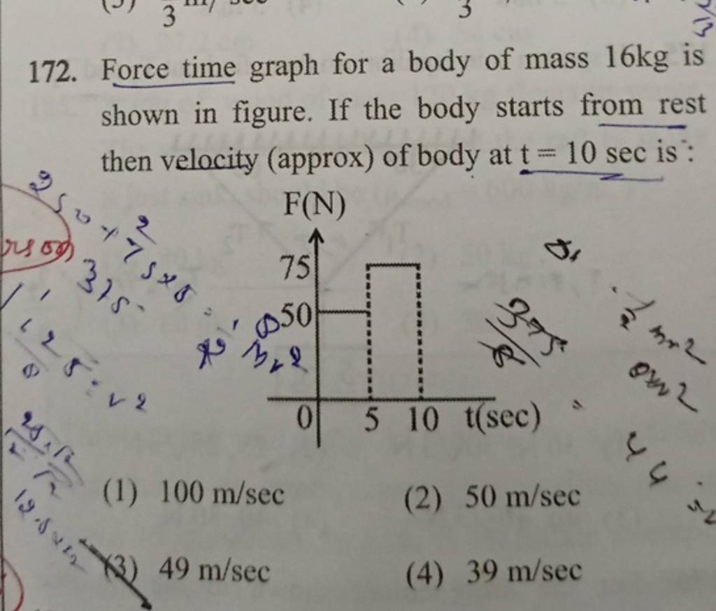 172. Force time graph for a body of mass 16 kg is shown in figure. If the..