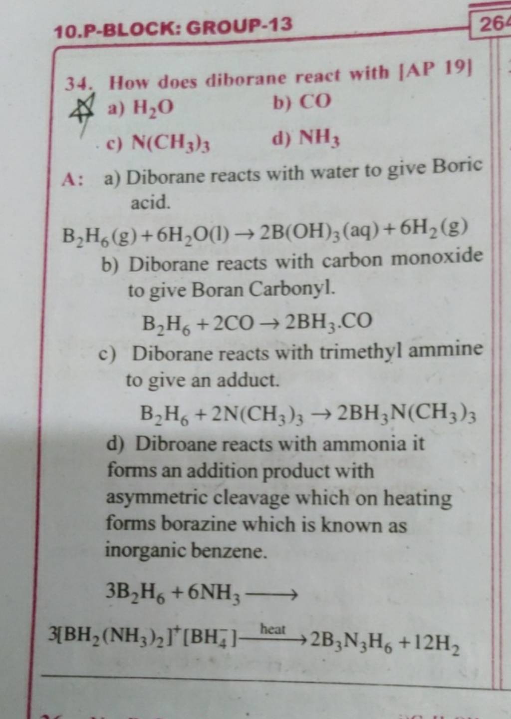 10.P-BLOCK: GROUP-13 34. How does diborane react with [AP 19] 4. a) H2 O