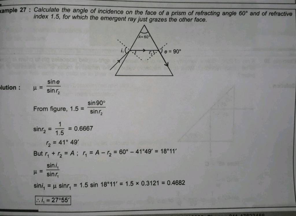 cample 27 : Calculate the angle of incidence on the face of a prism of re..
