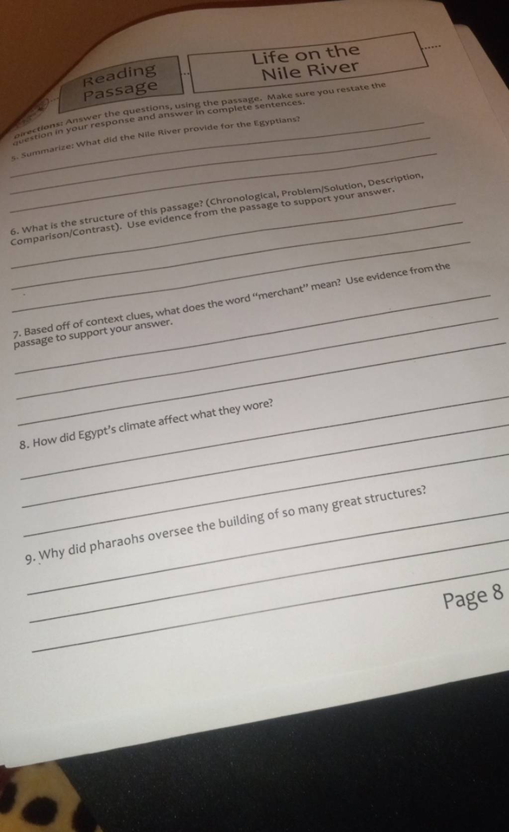 Reading passage Life on the Nile River Answer the questions, using th..