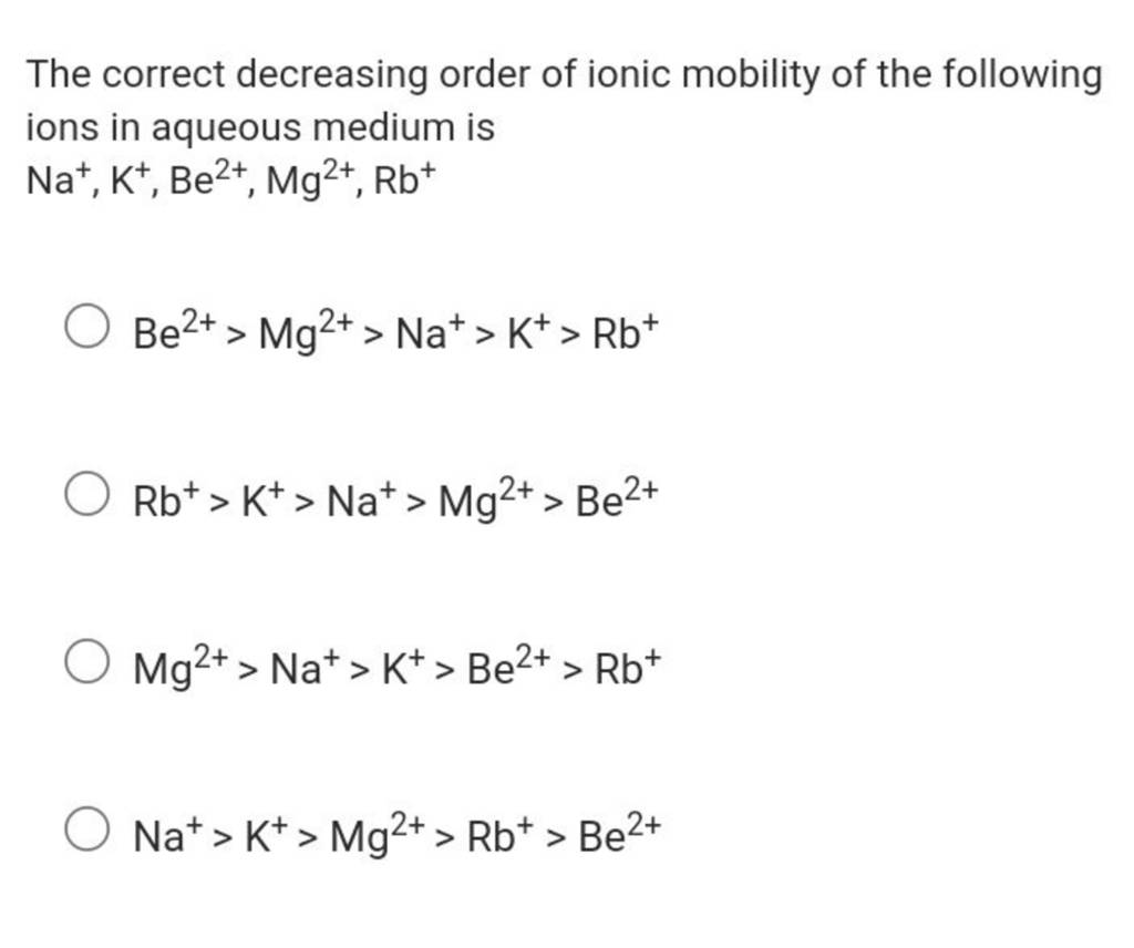 The correct decreasing order of ionic mobility of the following ions in a..