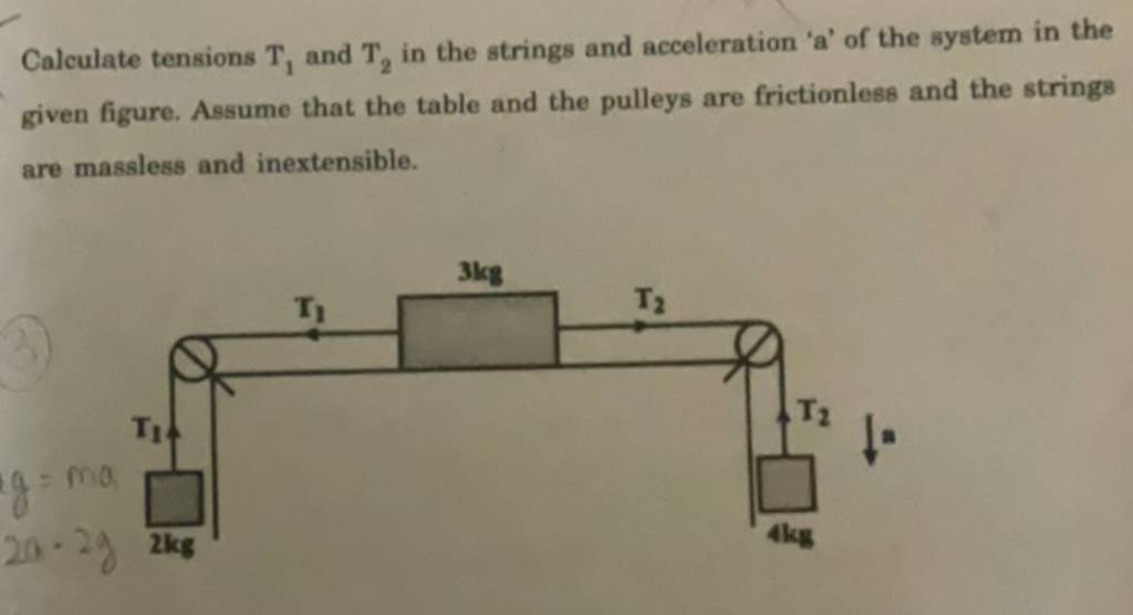 Calculate tensions T1 and T2 in the strings and acceleration ' a ' of t..