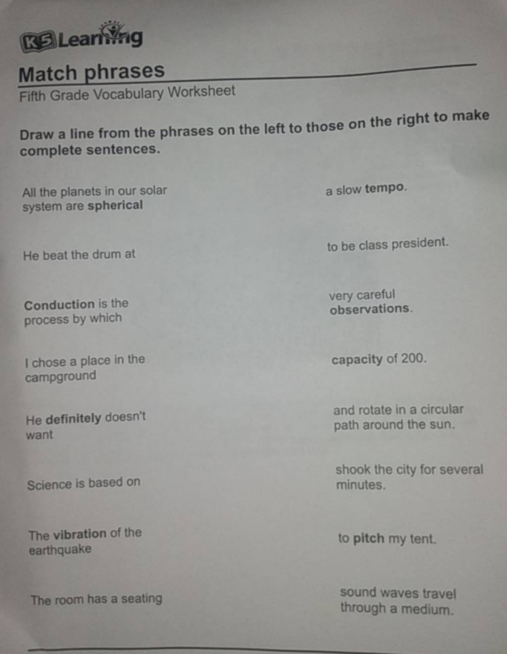 Match phrases Fifth Grade Vocabulary Worksheet Draw a line from the phras..