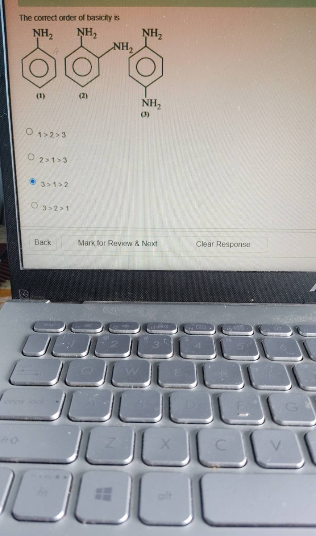 The correct order of basicity is (1) (3) 1>2>3 2>1>3 3>1>2 3>2>1 Back Mar..