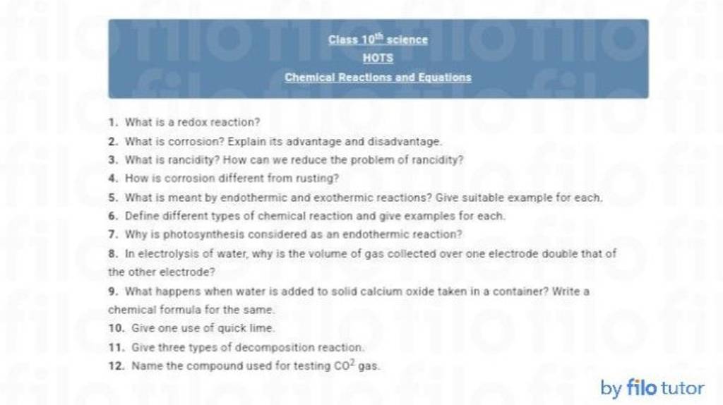 Class 10th science HOTS Chemical Reactions and Equations | Filo