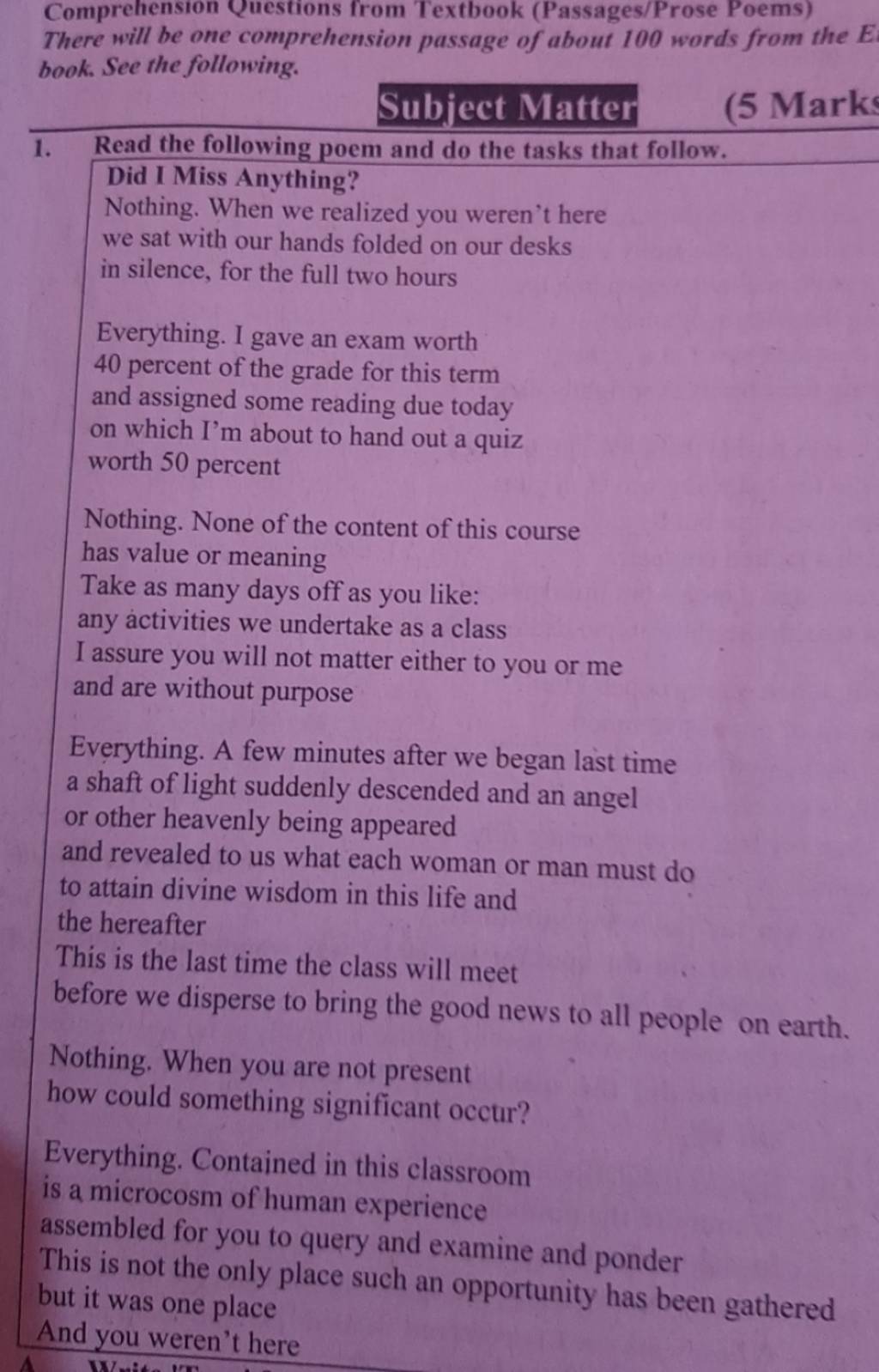 Comprehension Questions from Textbook (Passages/Prose Poems) There will b..