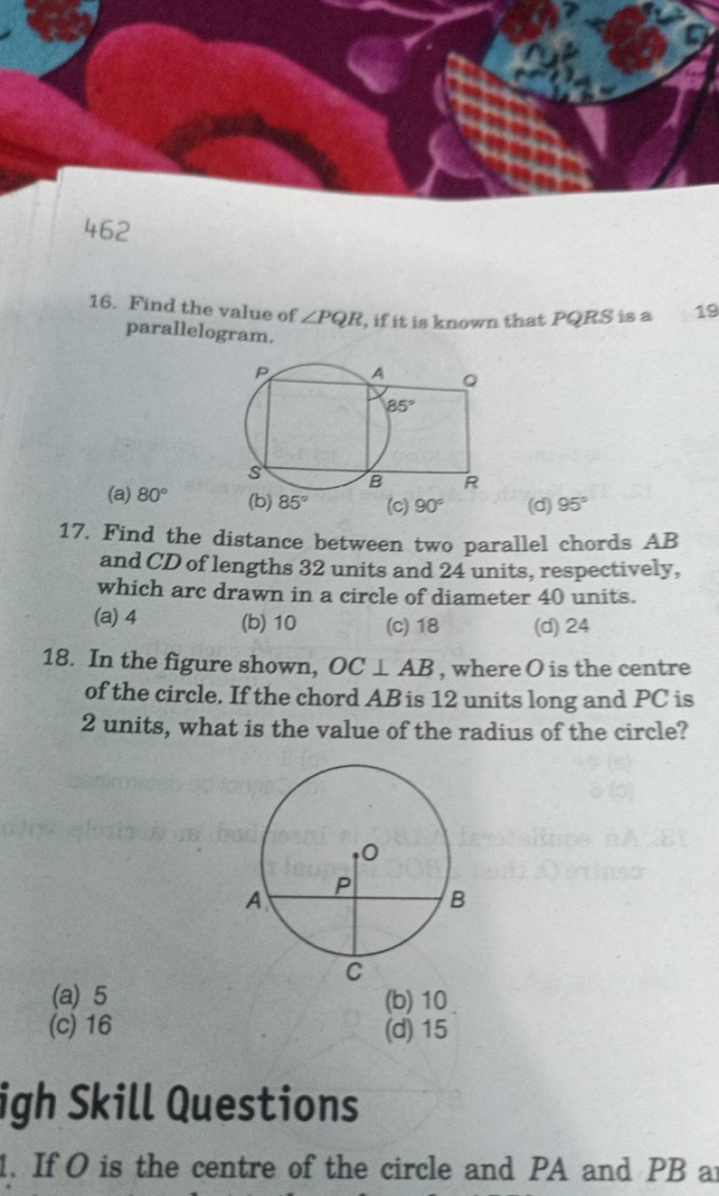 Find the distance between two parallel chords AB and CD of lengths 32 uni..