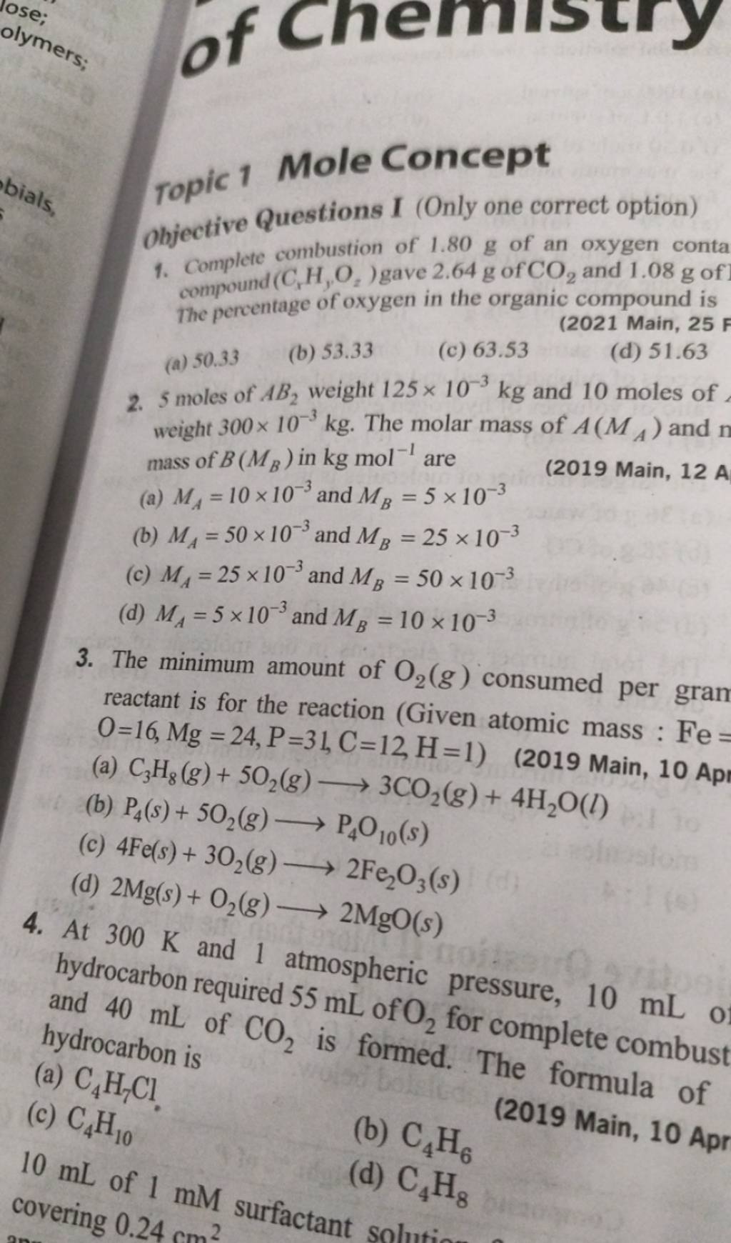 Topic 1 Mole Concept Objective Questions I Only One Correct Option 1 C