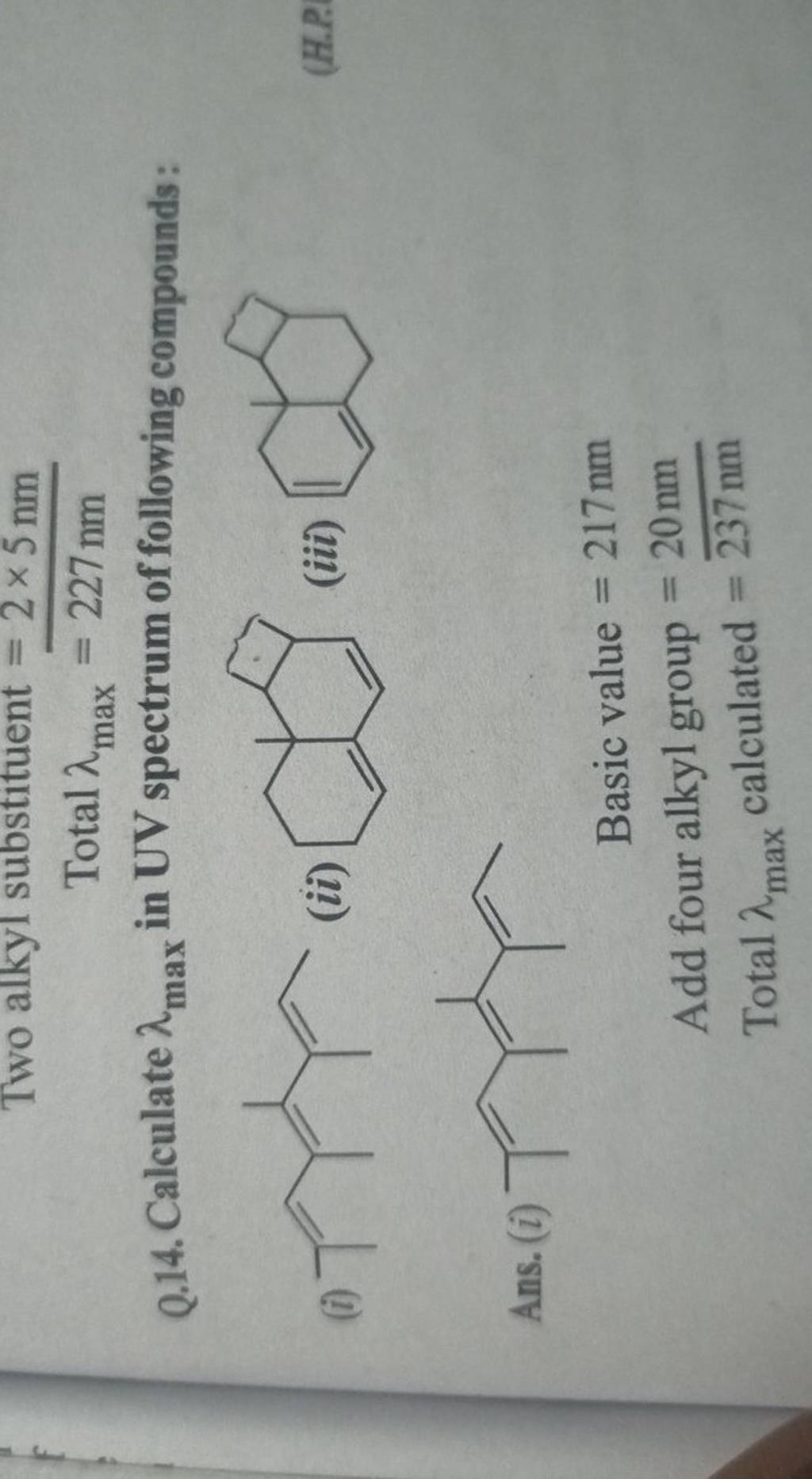 Total λmax =227 nm Q.14. Calculate λmax in UV spectrum of following comp..