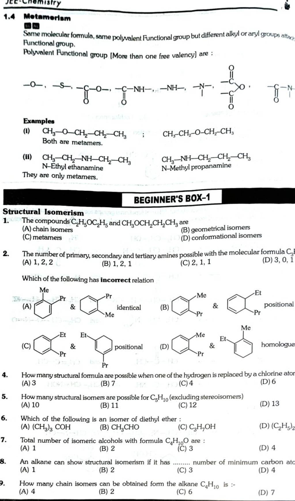 1.4 Metamerism Bis Same molecular formula, same polyvalent Functional gro..
