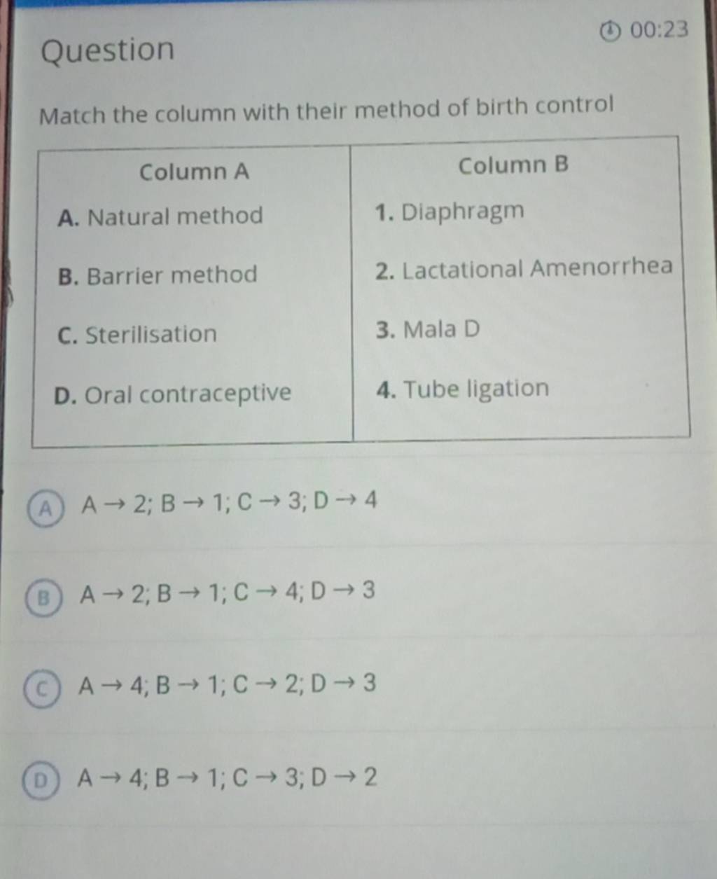 () 00:23 Question Match the column with their method of birth control Col..