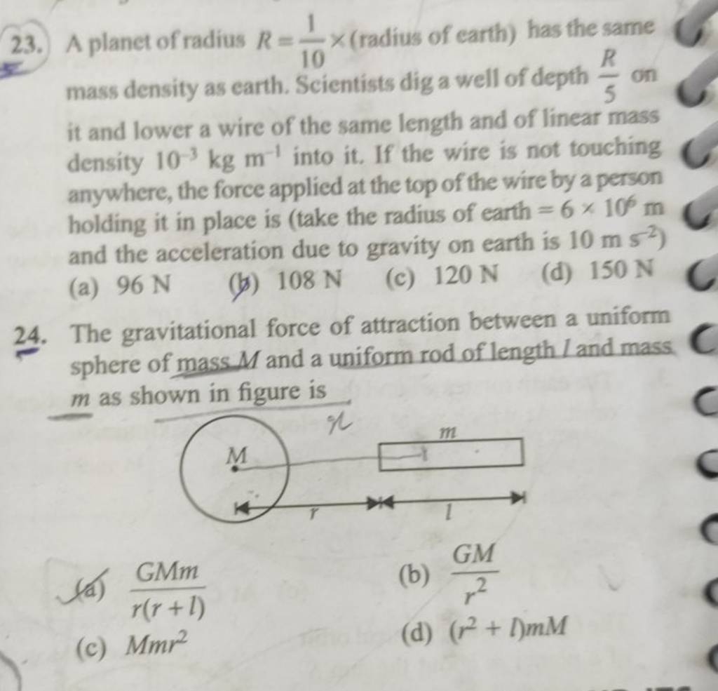 The gravitational force of attraction between a uniform sphere of mass. M..