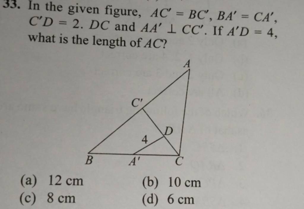 In the given figure, AC′=BC′,BA′=CA′, C′D= 2. DC and AA′⊥CC′. If A′D=4, w..