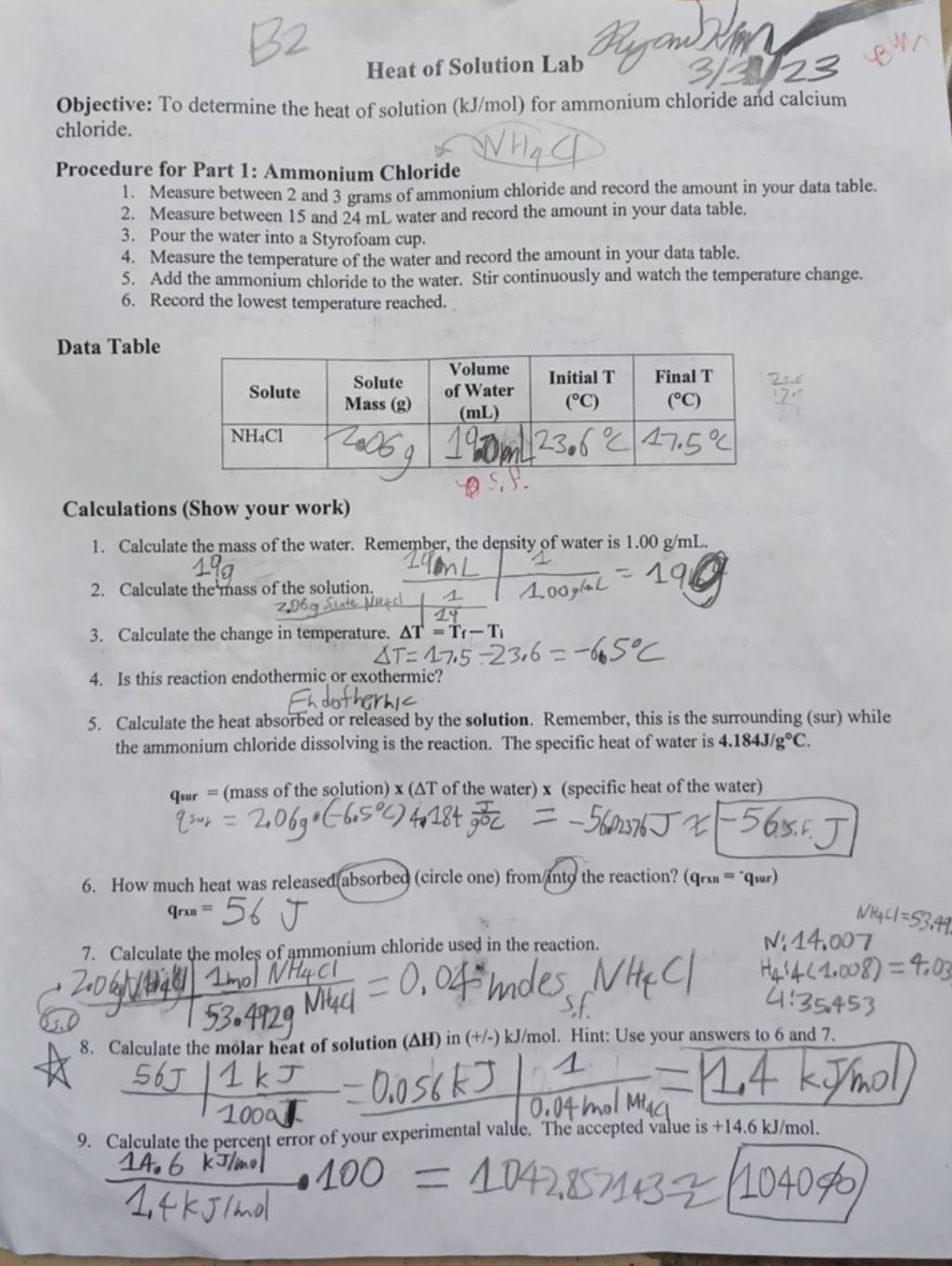 Heat of Solution Lab Objective: To determine the heat of solution (kJ/mol..