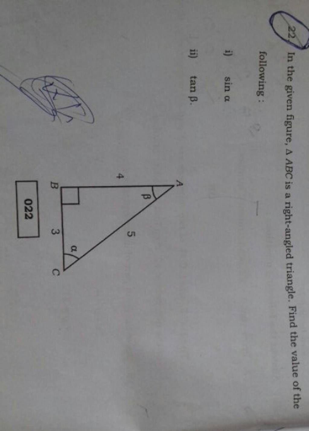 22. In the given figure, ABC is a right-angled triangle. Find the value