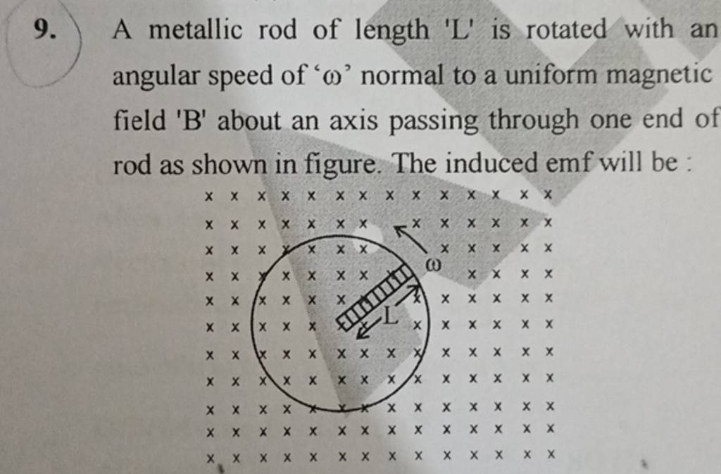 9. A metallic rod of length ' L ' is rotated with an angular speed of ' ω..