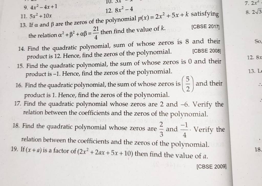 9 4x2−4x 1 12 8x2−4 13 If α And β Are The Zeros Of The Polynomial P X
