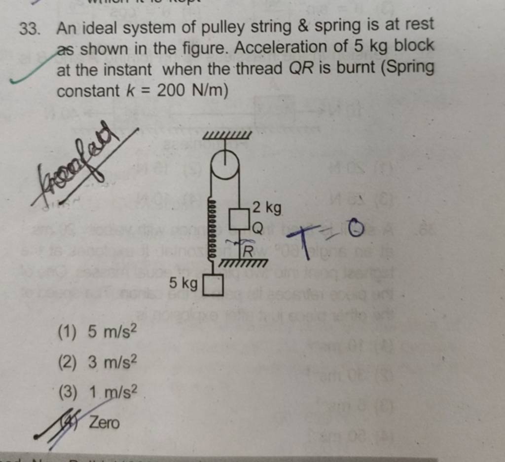 33. An ideal system of pulley string \& spring is at rest as shown in the..
