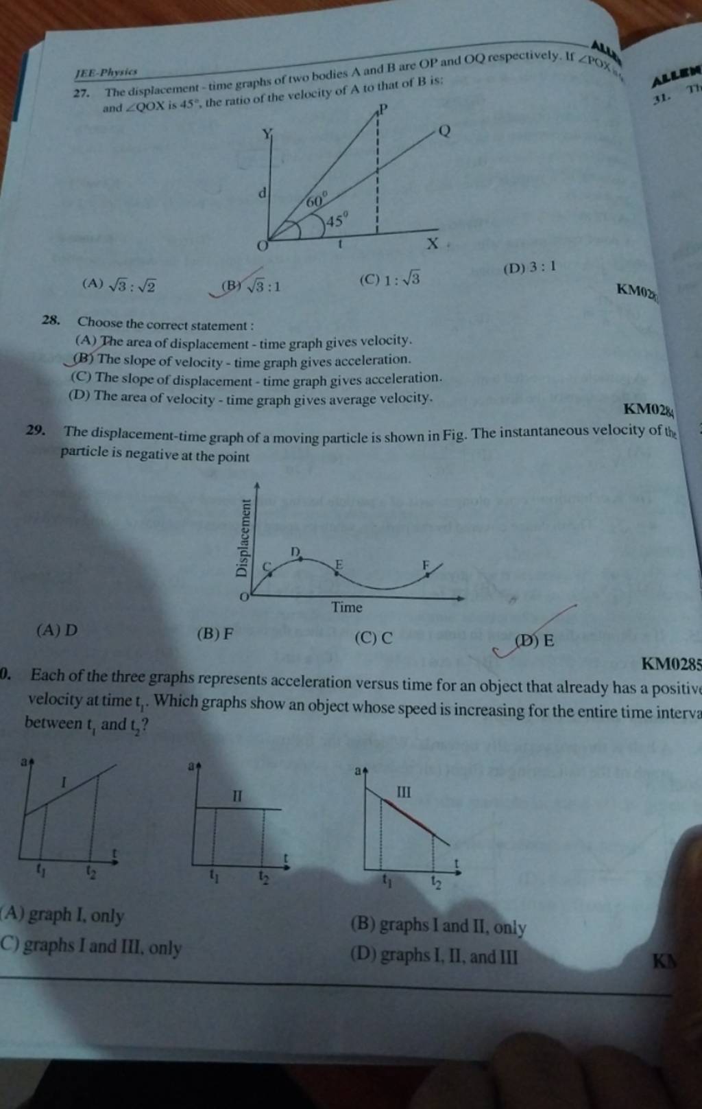 JFE-Physios 27. The displacement - time graphs of two bodies A and B are
