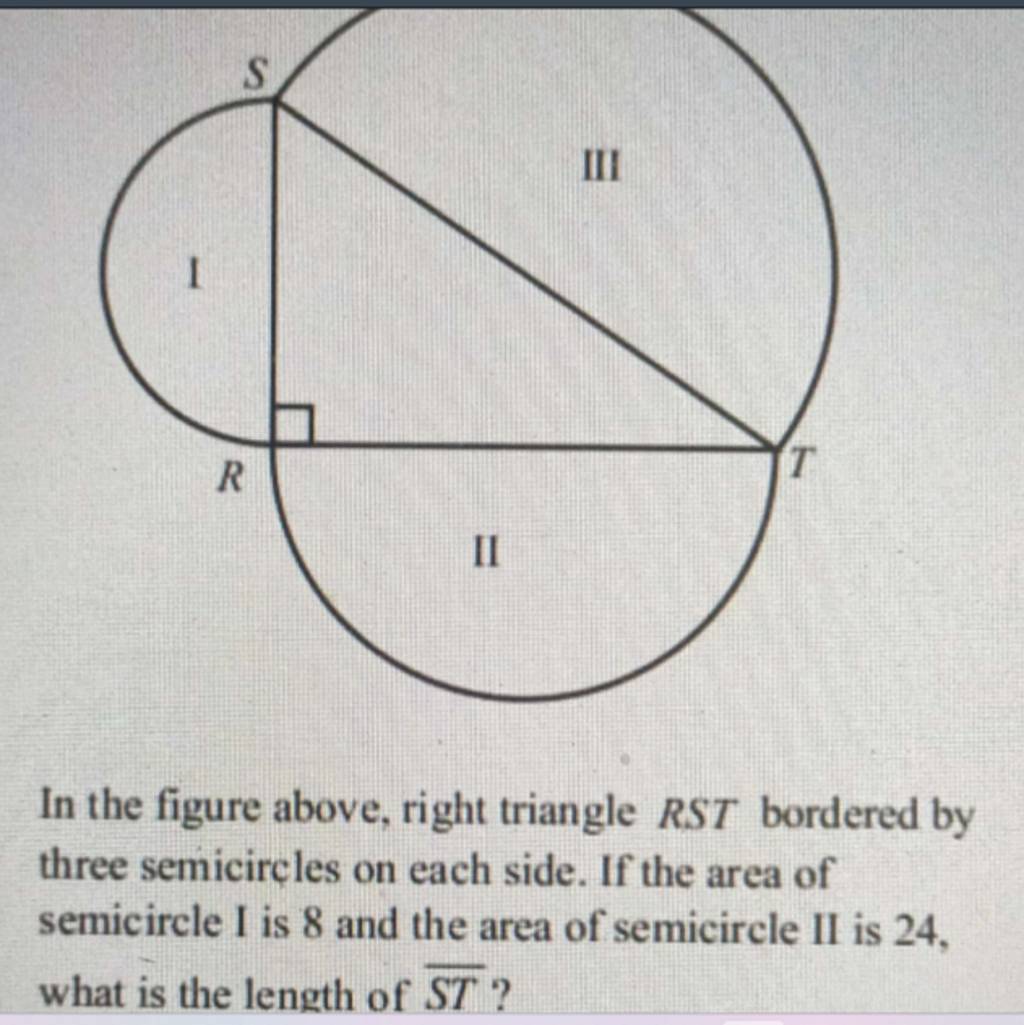 In the figure above, right triangle RST bordered by three semicircles on