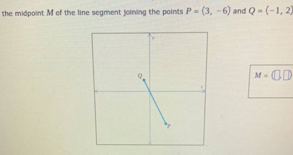 the midpoint M of the line segment joining the points P=(3,−6) and Q=(−1,..