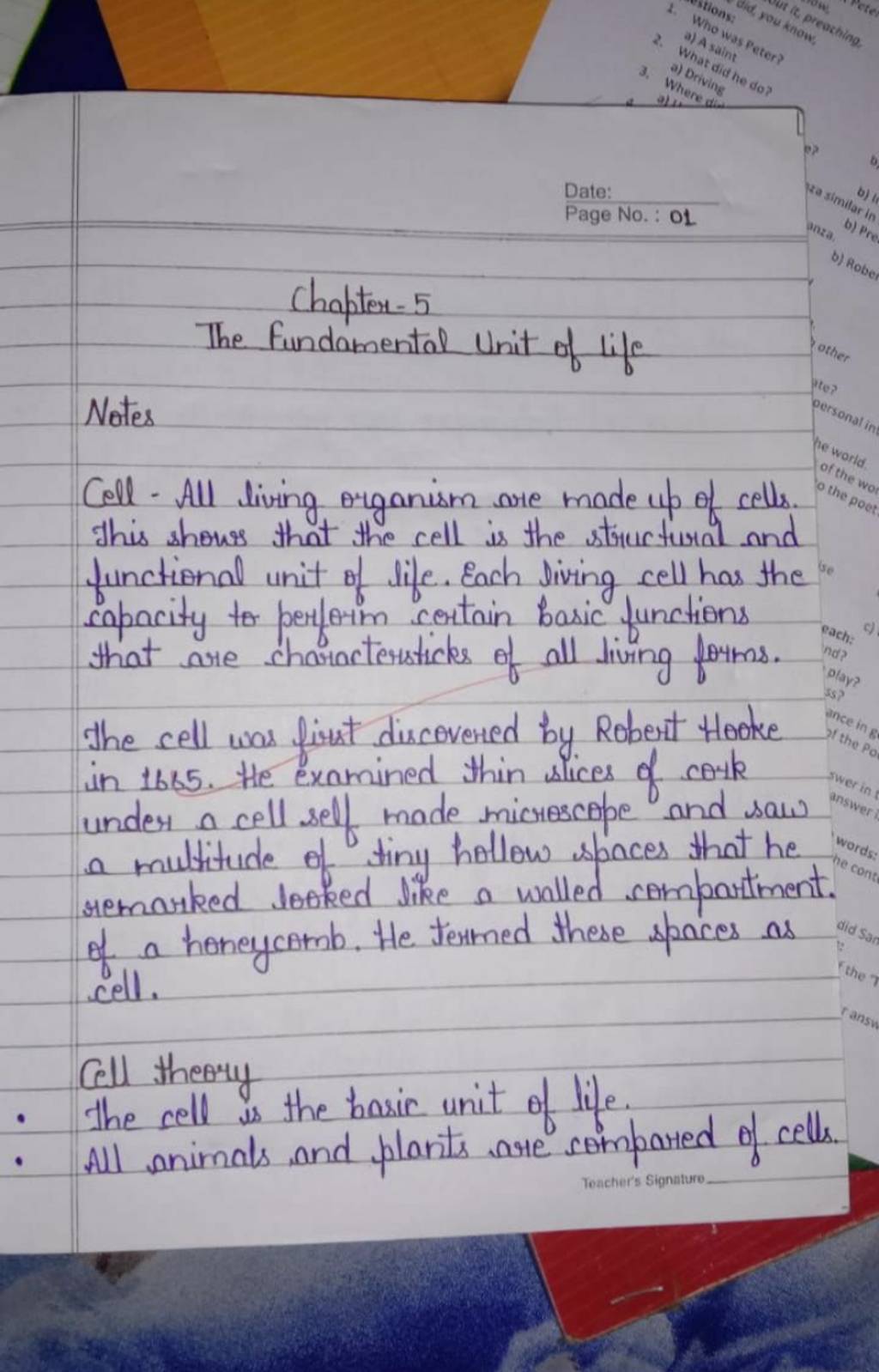 Chapter - 5 The fundamental Unit of life Notes Cell - All living organism..