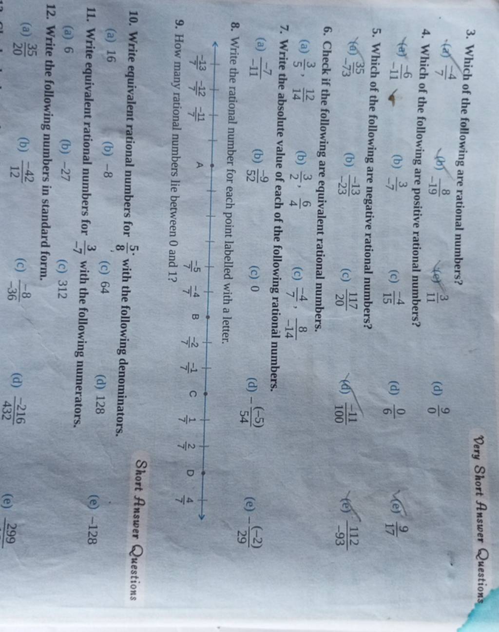 Write equivalent rational numbers for −73 with the following numerators...