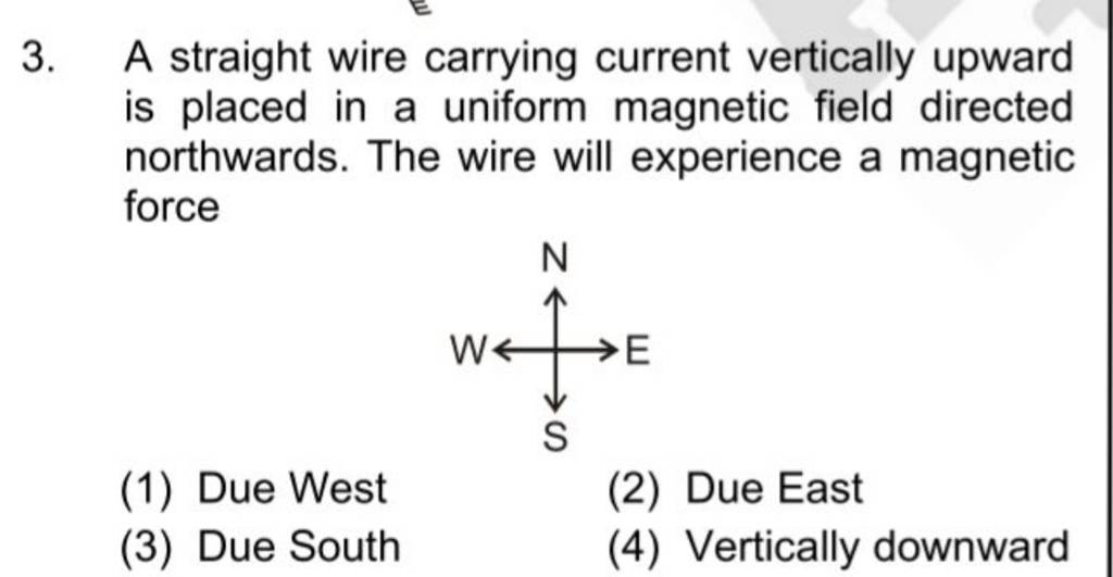 A straight wire carrying current vertically upward is placed in a uniform..