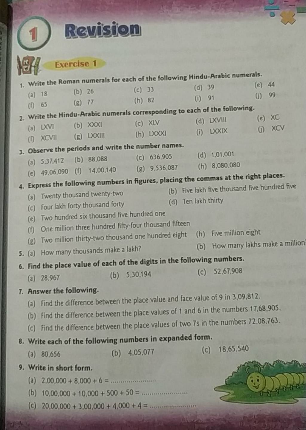 77 (h) 82 (i) 91 (j) 99 2. Write the Hindu-Arabic numerals corresponding..