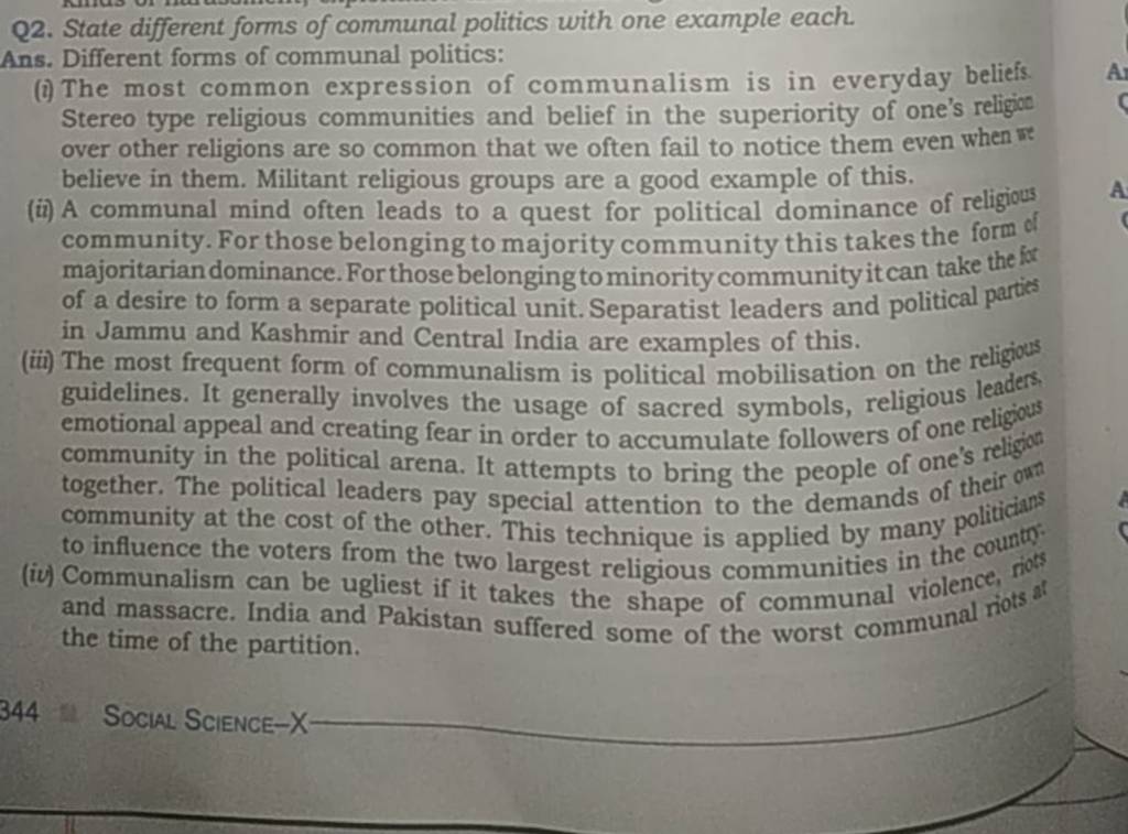 Q2. State different forms of communal politics with one example each. Ans..