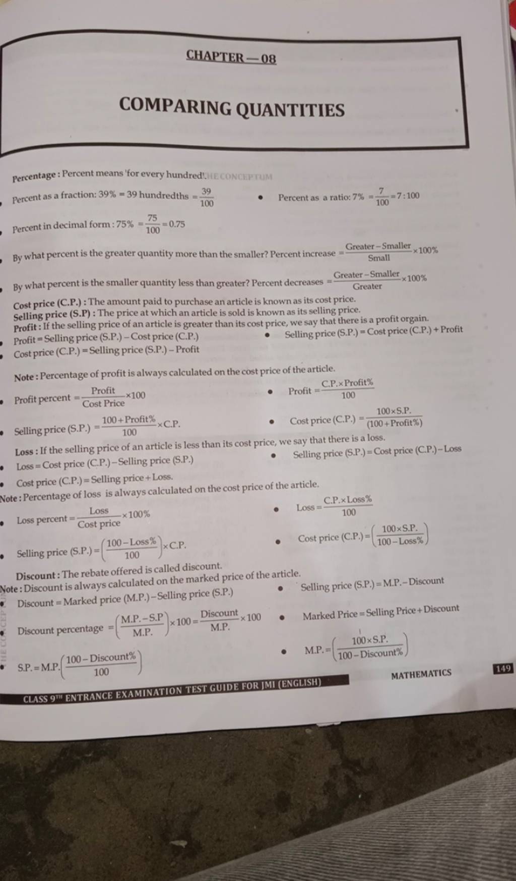 CHAPTER -08 COMPARING QUANTITIES Percentage: Percent means 'for every hun..