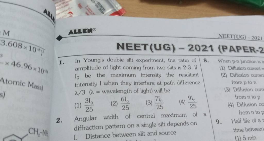 Angular Width Of Central Maximum Of A Diffraction Pattern On A Single Sli 4335