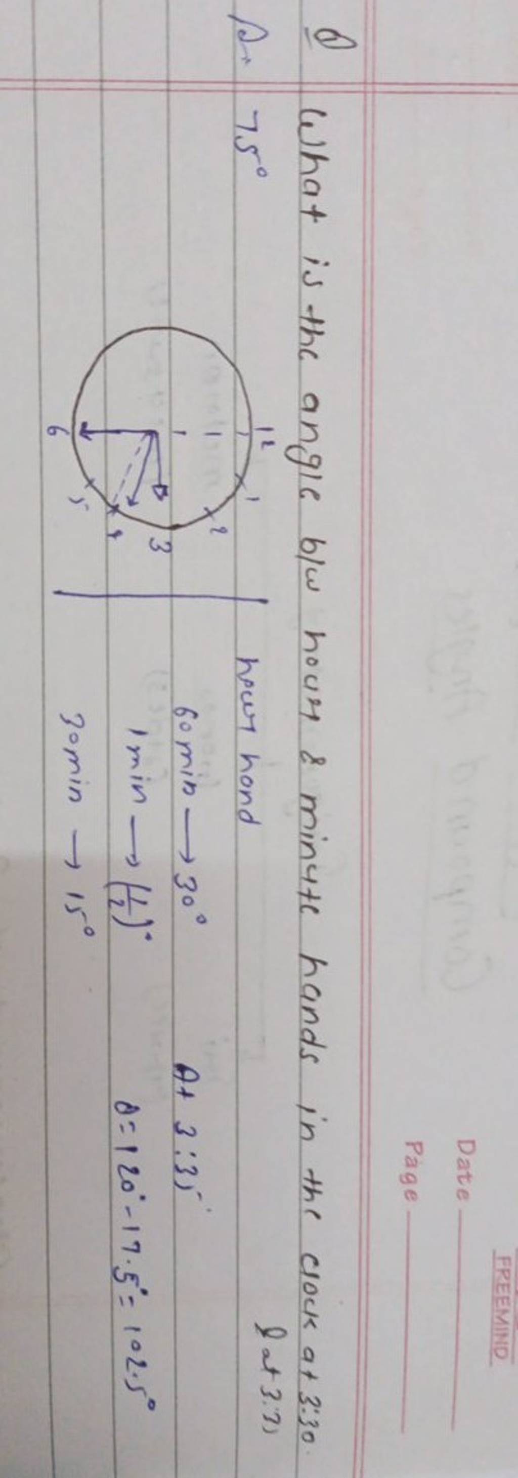 (1) What is the angle b/w hour \& minute hands in the elock at 3:30 ค. 75..