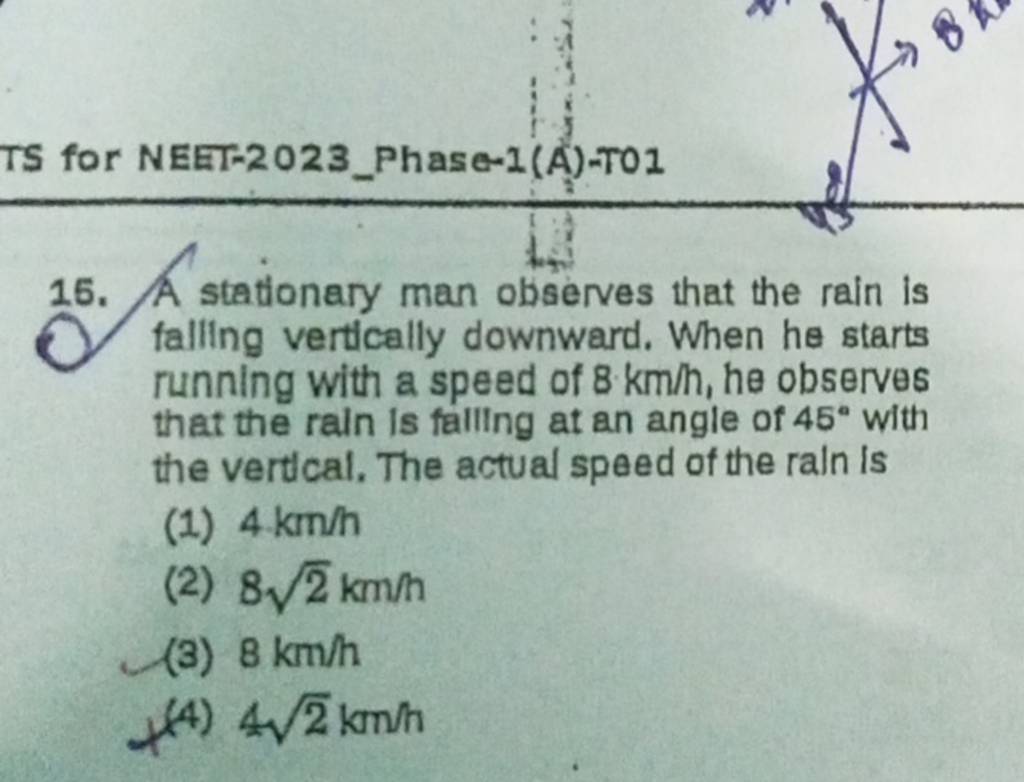 A stationary man observes that the rain is falling vertically downward. W..