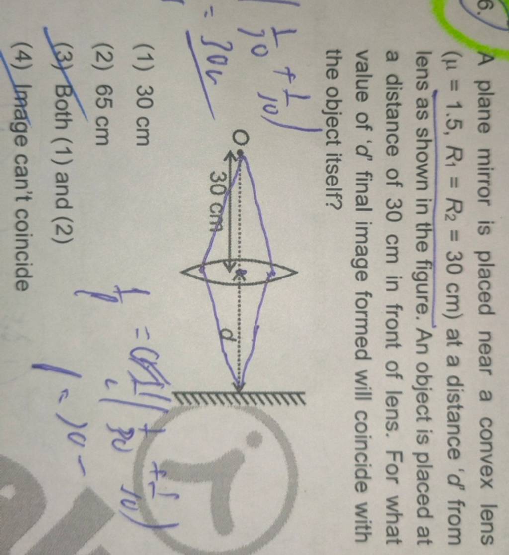A plane mirror is placed near a convex lens (μ=1.5,R1 =R2 =30 cm) at a di..