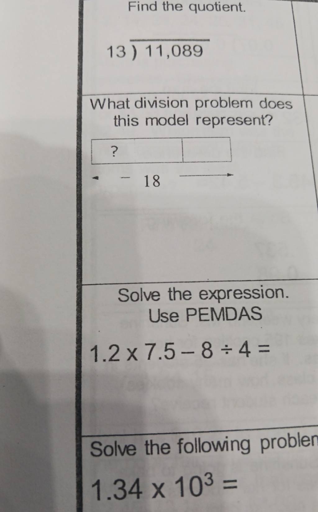 Find the quotient. 1 3 \longdiv { 1 1 , 0 8 9 } What division problem doe..
