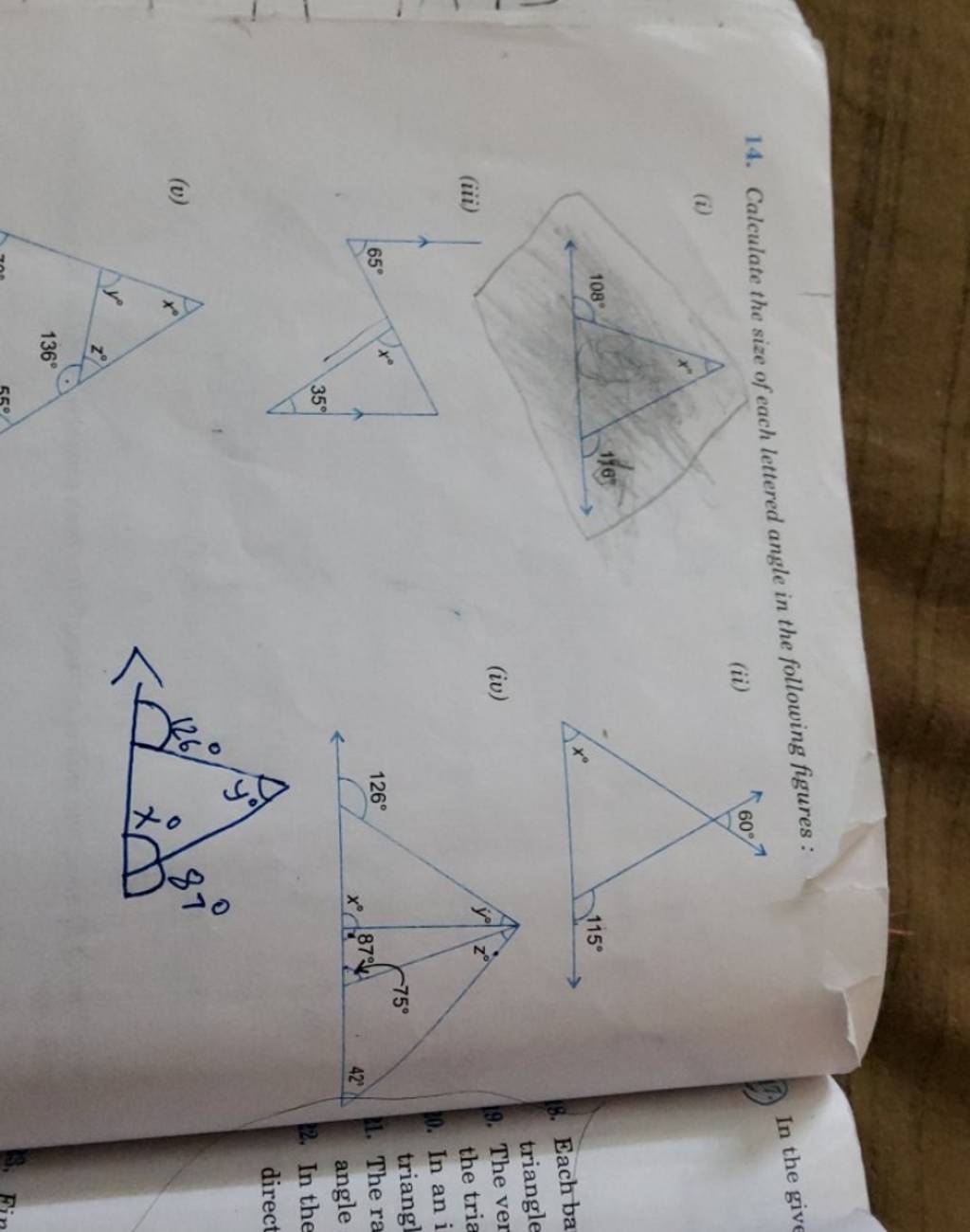 14. Calculate the size of each lettered angle in the following figures:
