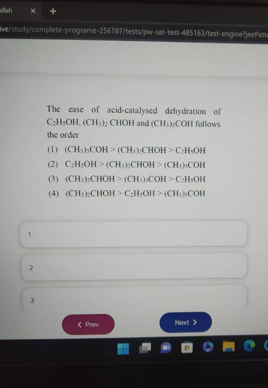 The ease of acid-catalysed dehydration of C2 H5 OH,(CH3 )2 CHOH and (CH3