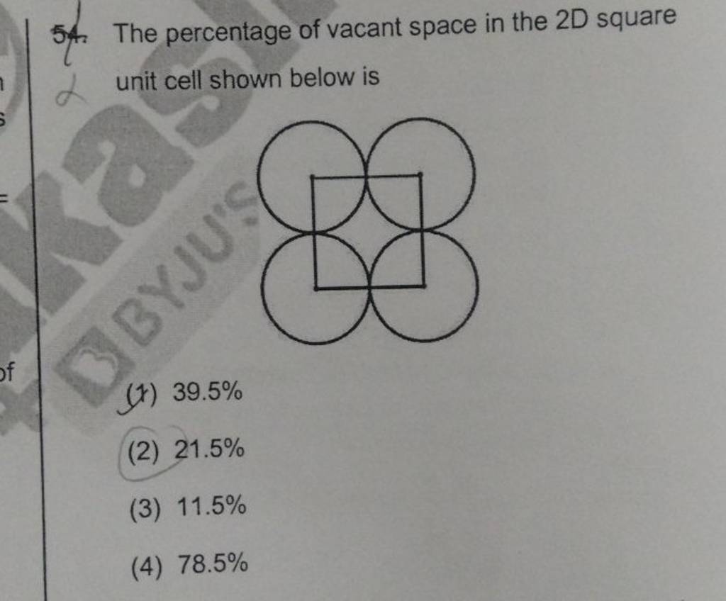 The percentage of vacant space in the 2D square unit cell shown below is..
