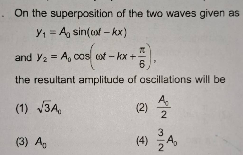 On The Superposition Of The Two Waves Given As Y1 A0 Sin ωt−kx And Y2