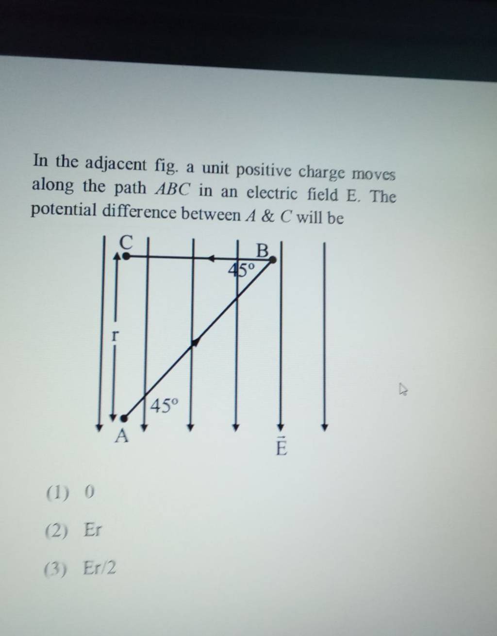 In the adjacent fig. a unit positive charge moves along the path ABC in a..