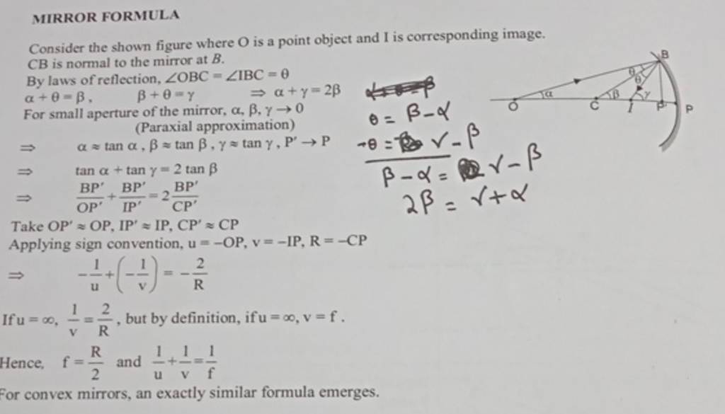 MIRROR FORMULA Consider the shown figure where O is a point object and I