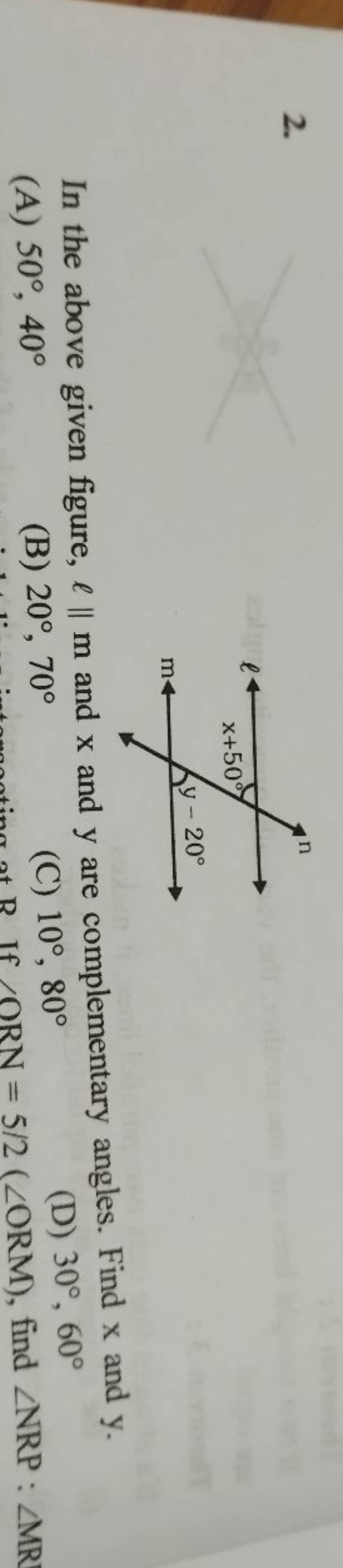 In the above given figure, ℓ∥m and x and y are complementary angles. Find..