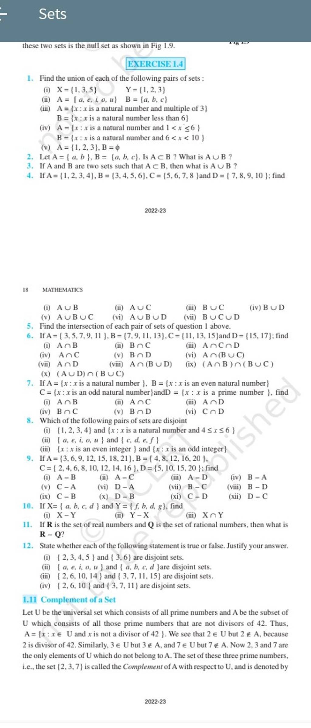Sets these two sets is the null set as shown in Fig 1.9. EXERCISE 1.4 1.
