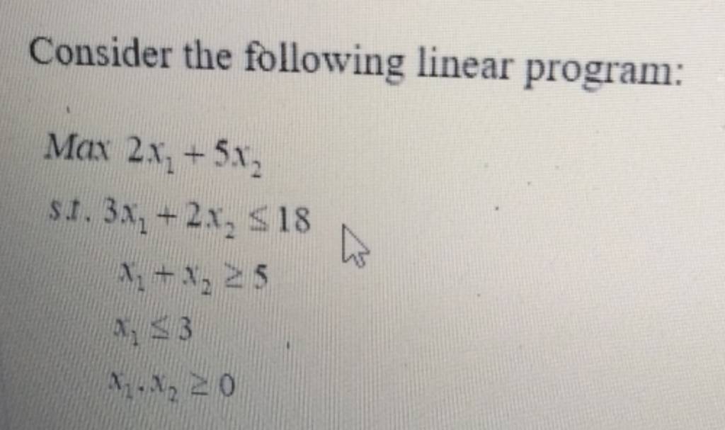 Consider the following linear program: Max 2x1 +5x2 s.t. 3x1 +2x2 ≤18x1.. Consider the following linear program: Max 2x1 +5x2 s.t. 3x1 +2x2 ≤18x1..