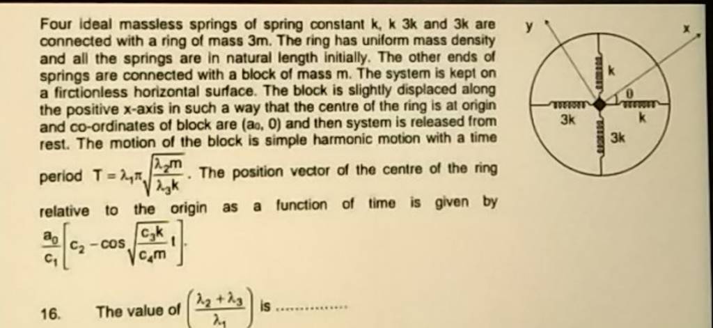 Four ideal massless springs of spring constant k,k3k and 3k are connected.. Four ideal massless springs of spring constant k,k3k and 3k are connected..