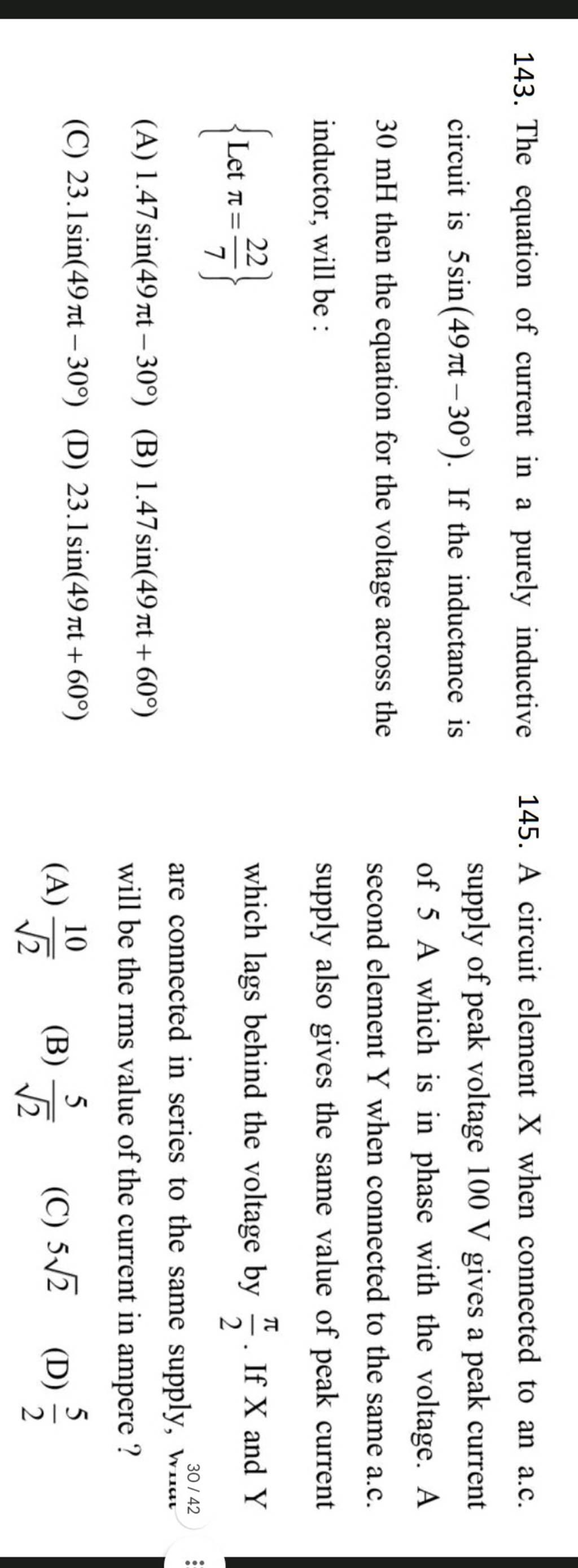 The Equation Of Current In A Purely Inductive 145 A Circuit Element X Wh